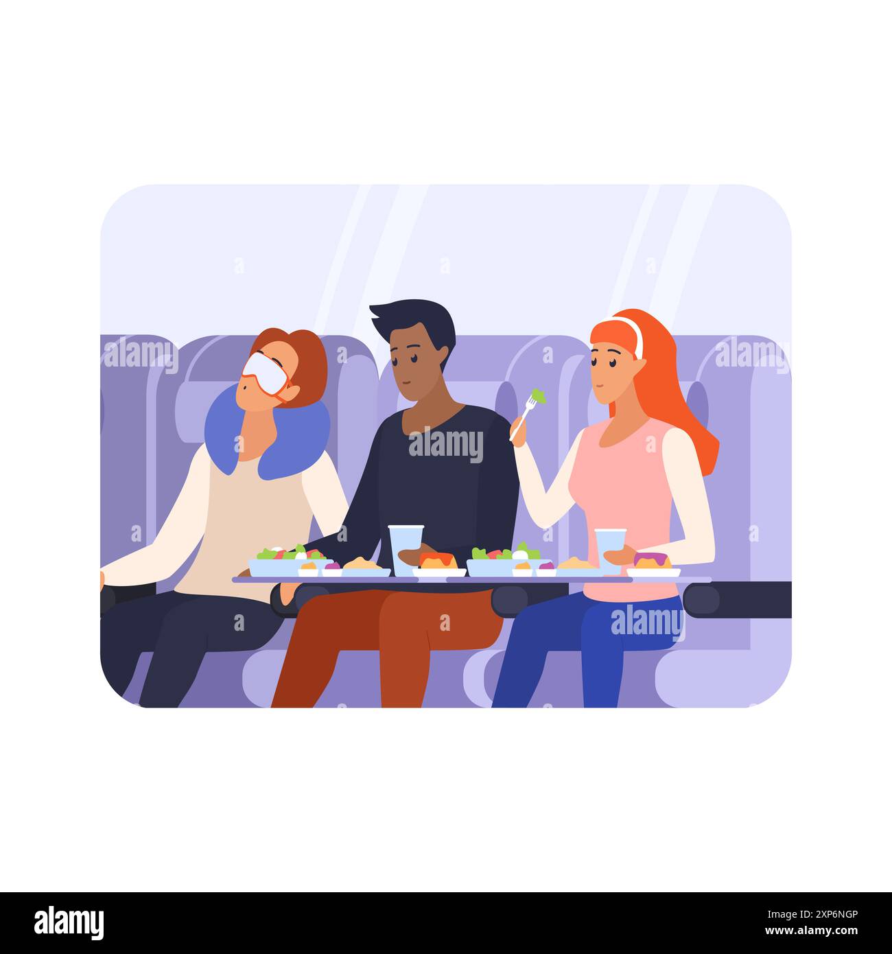 Passengers sitting in airplane seats, man and woman eating food from trays vector illustration ...
