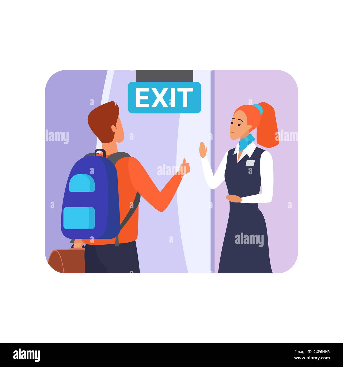 Passenger with luggage walking to exit of plane, say goodbye to flight ...