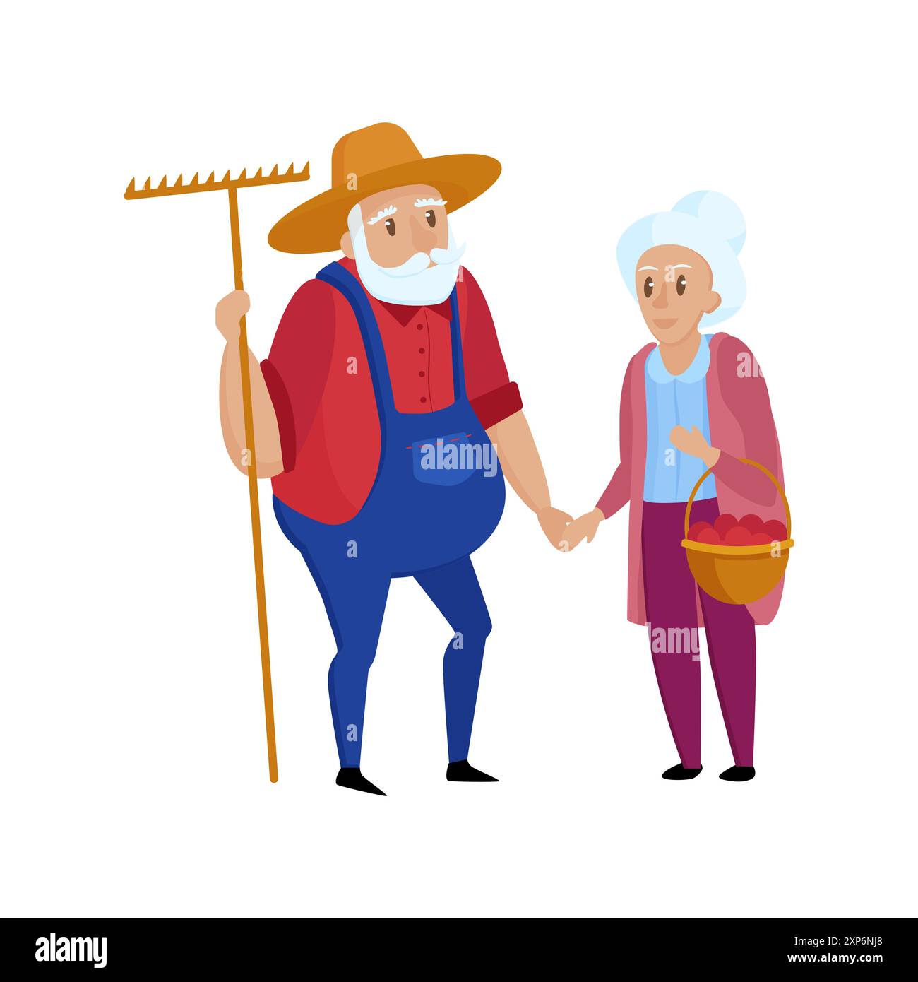 Happy old couple of farmers, grandfather holding rake, grandmother with ...