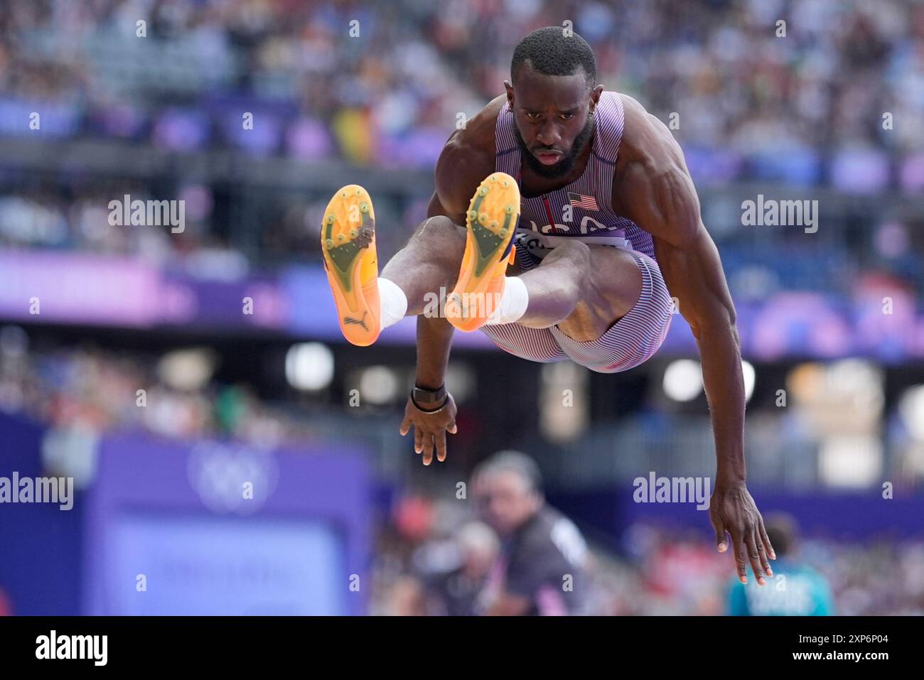 Jarrion Lawson, of the United States, competes in the men's long jump ...