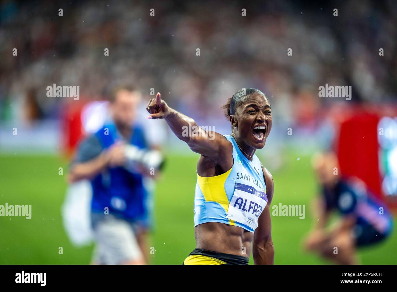 Julien Alfred (LCA) competing in the Womens 100m Final, wins the gold ...