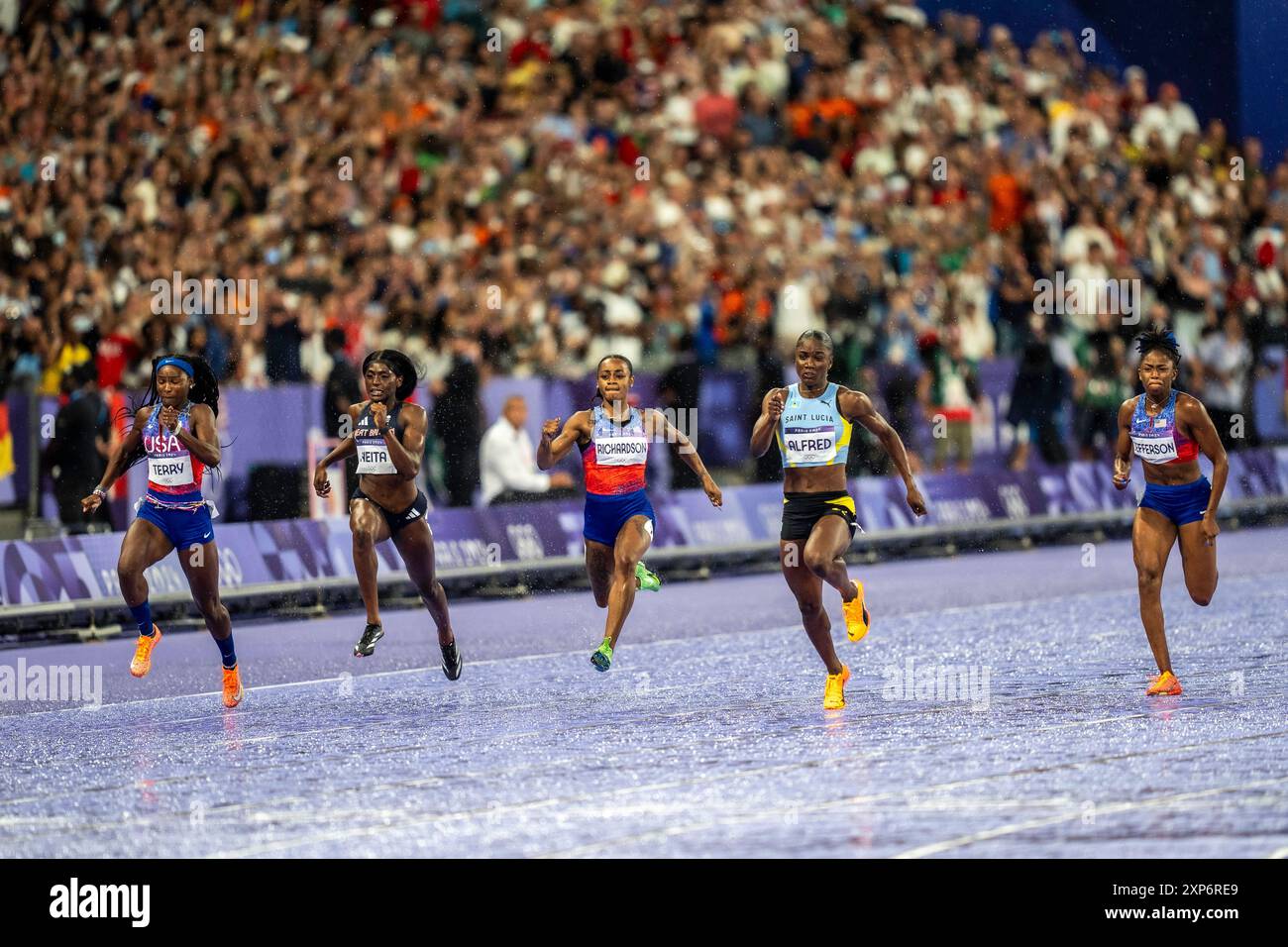Julien Alfred (LCA) Women's 100m Final, gold medal with Sha'carri Richardson (USA) R silver and ...