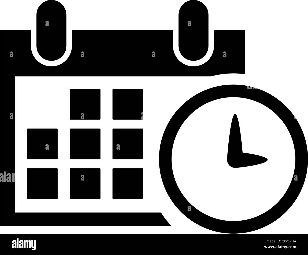 Black and white vector icon representing a calendar with a clock, symbolizing time management ...
