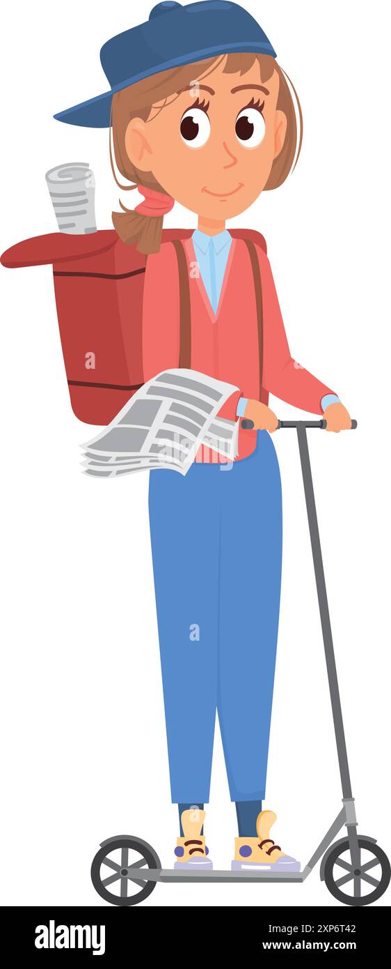 Paper delivery girl. Cartoon kid with newspapers in backpack Stock ...