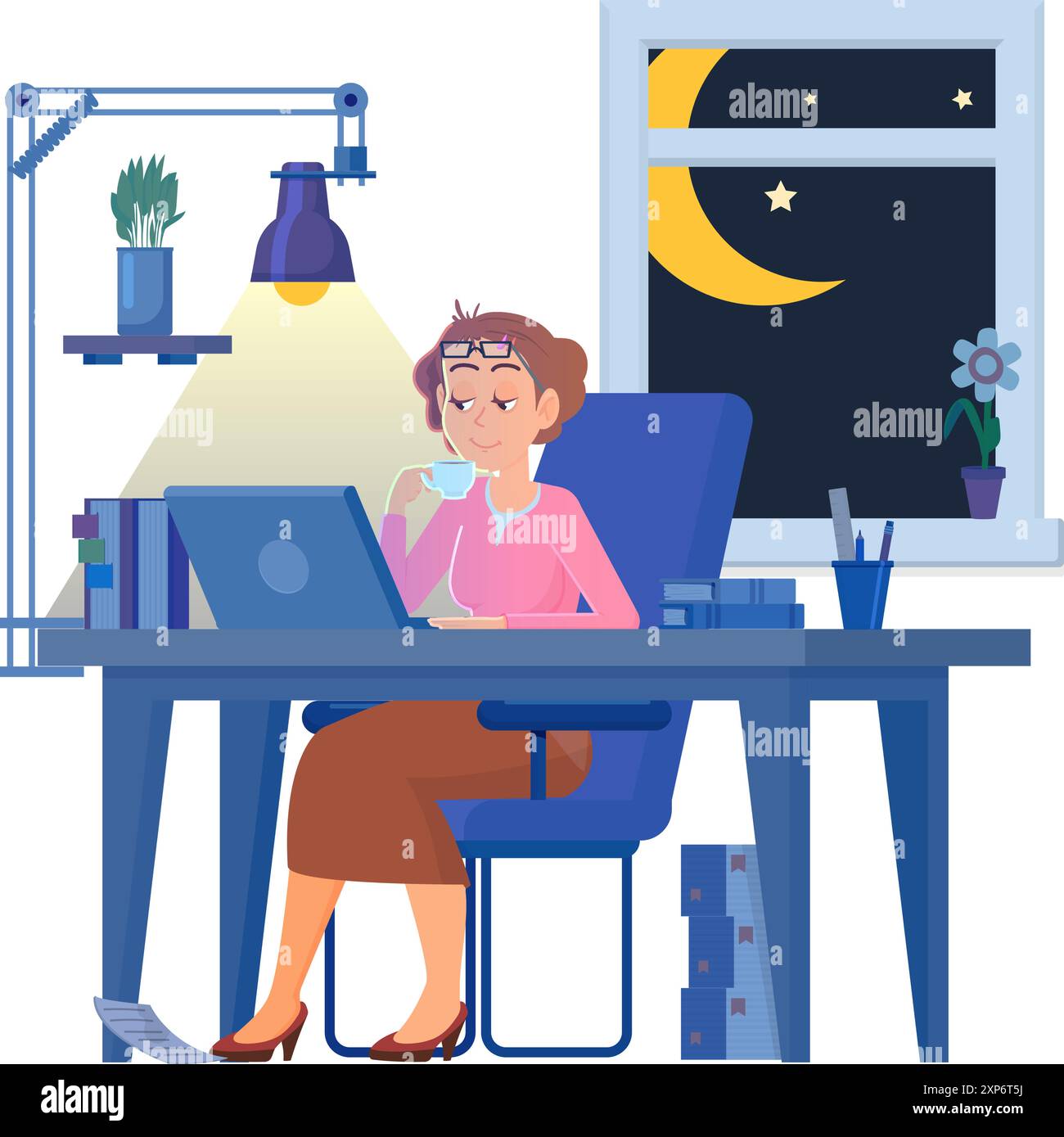 Woman work late. Office employee in workplace interior with night ...