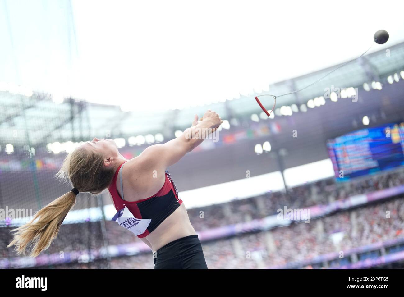 Katrine Koch Jacobsen, of Denmark, competes in the women's hammer throw ...