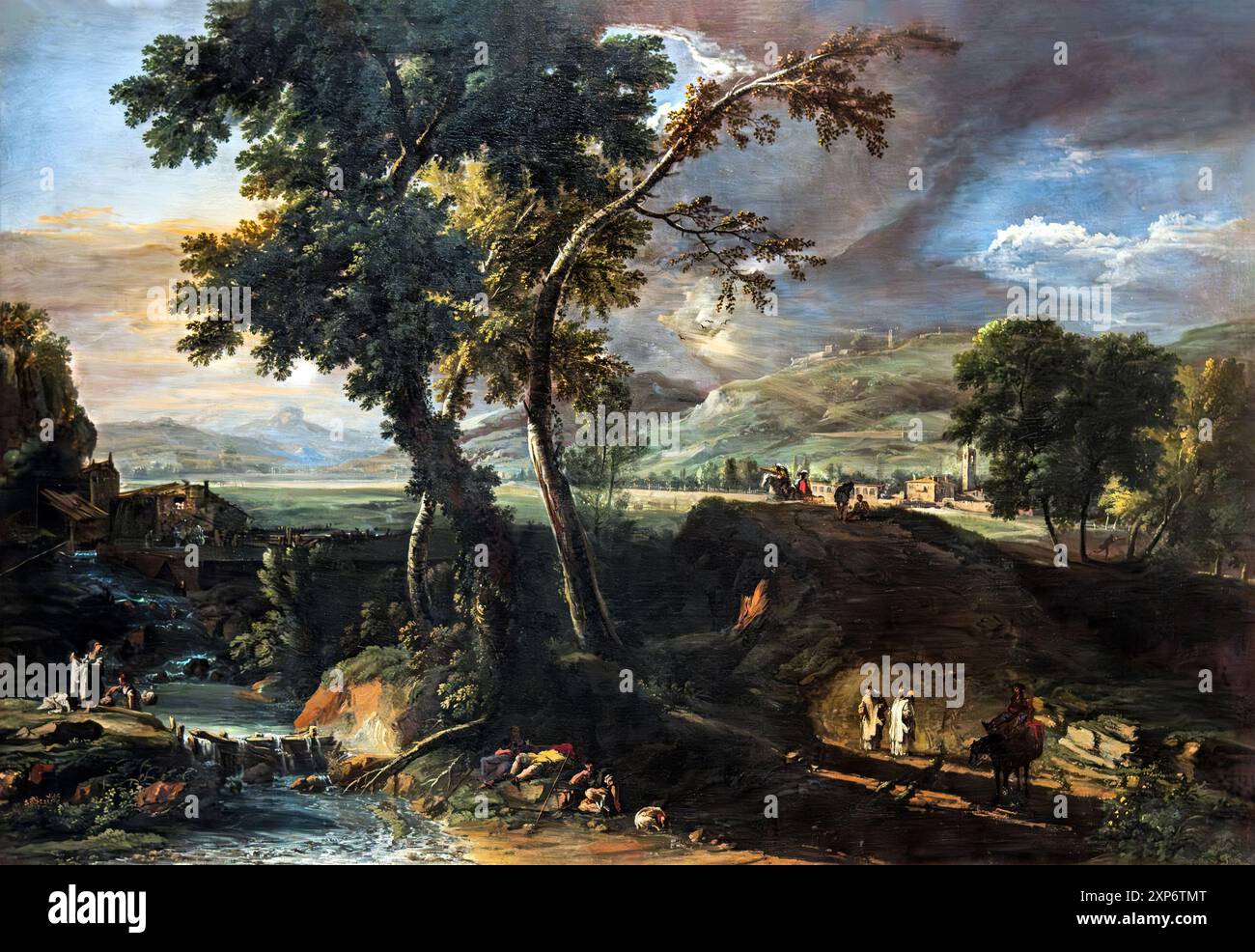 Landscape with Streams, Monks, and Washerwomen painting by Marco Ricci ...