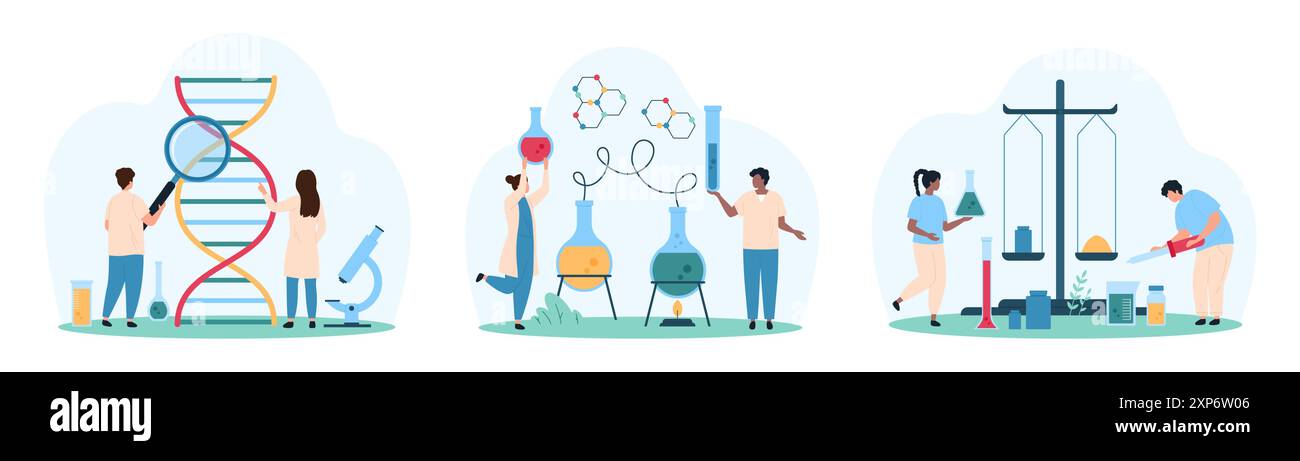 Genetic and chemistry research set. Tiny people with magnifying glass ...