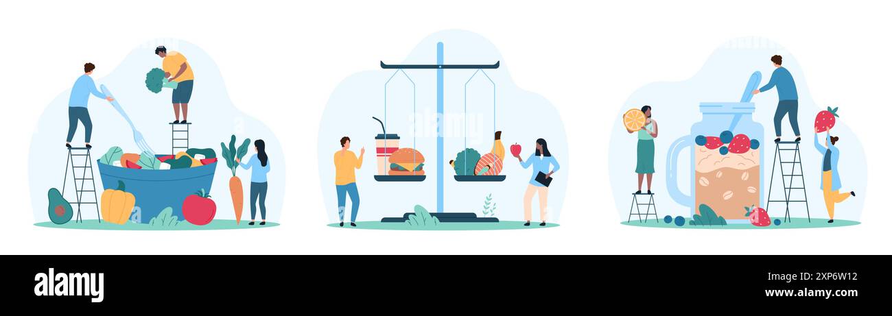 Healthy food right choice set. Tiny people weigh bad and good nutrition ...