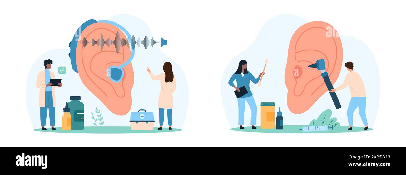 Diagnosis and treatment of hearing problems set. Tiny people examine ...