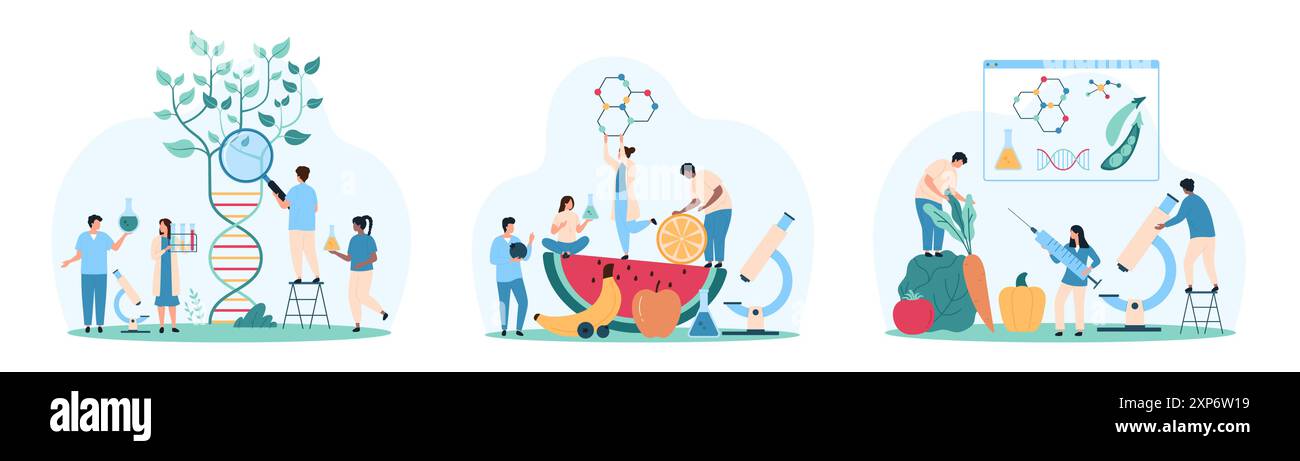 Food quality test, science analysis in laboratory set. Tiny people ...