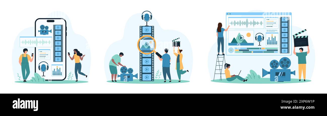 Video editing, film montage set. Tiny people control sound and video ...