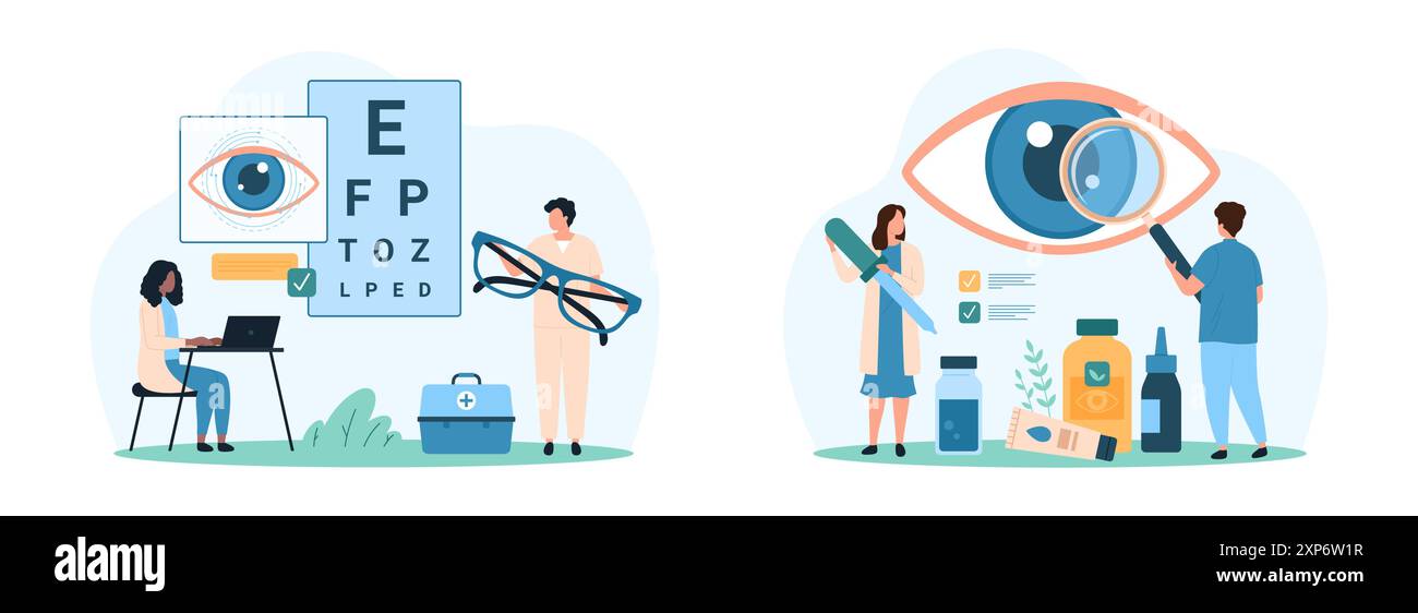 Diagnosis and treatment of vision diseases, ophthalmology set. Tiny ...