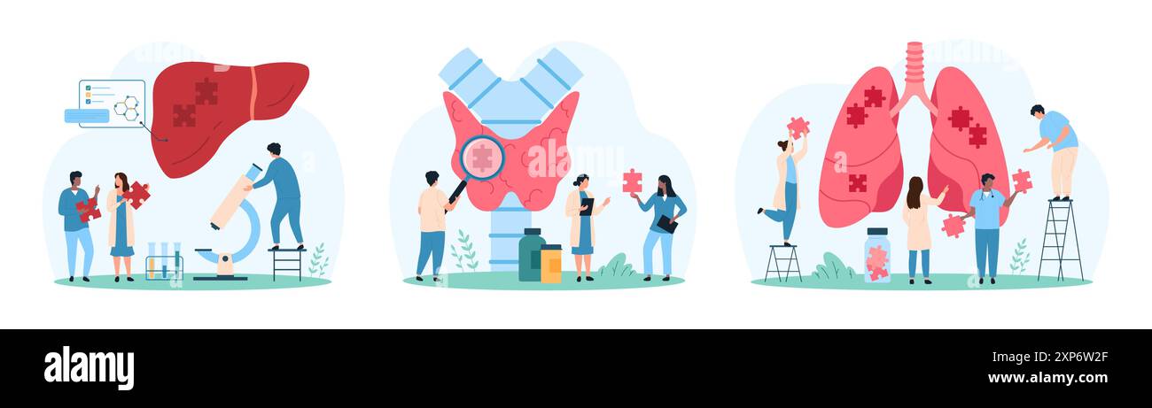 Internal organs health care, awareness and protection set. Tiny people ...