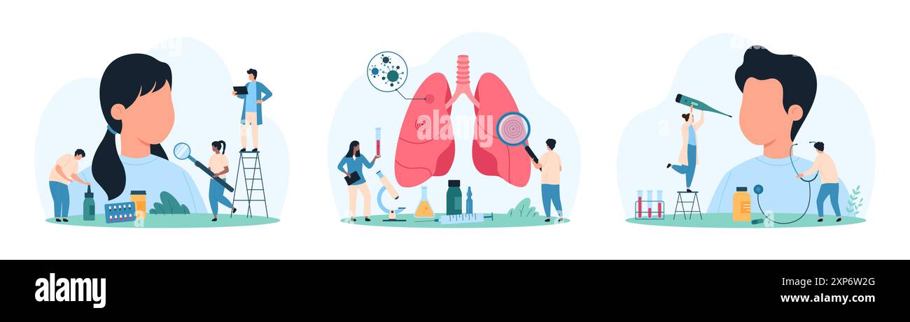 Diagnosis and treatment of respiratory disease set. Tiny people with ...