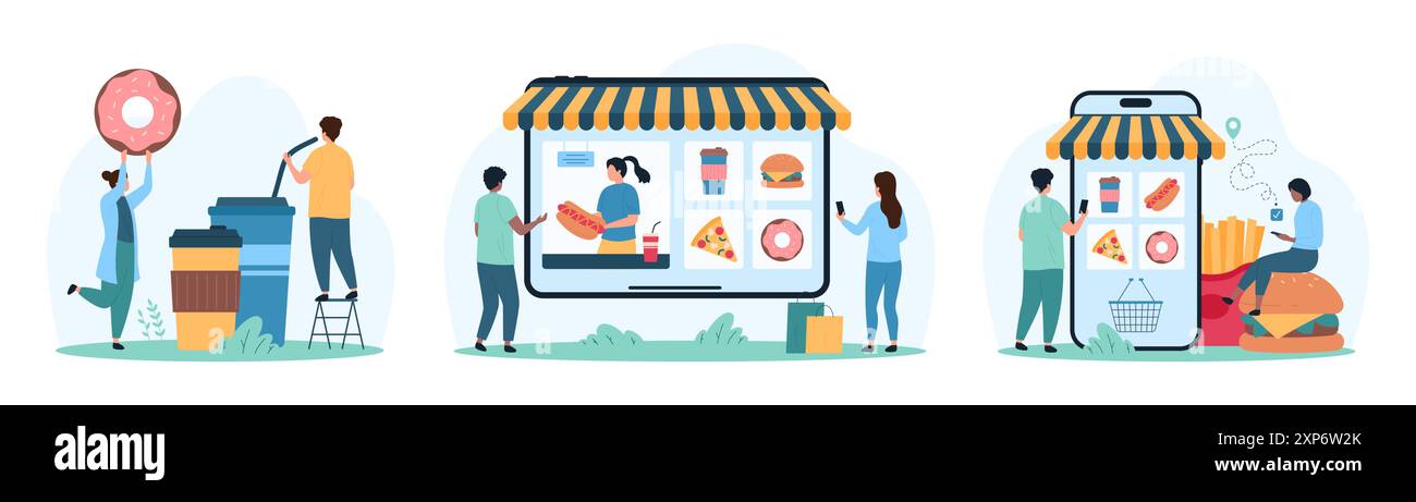 Fast food order in mobile app and delivery. Tiny people choose snacks ...