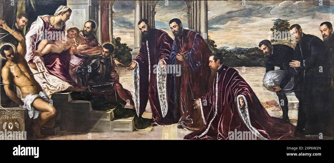 MADONNA AND CHILD ENTHRONED WITH SAINTS SEBASTIAN, MARK, AND THEODORE, WORSHIPPED BY THREE ...