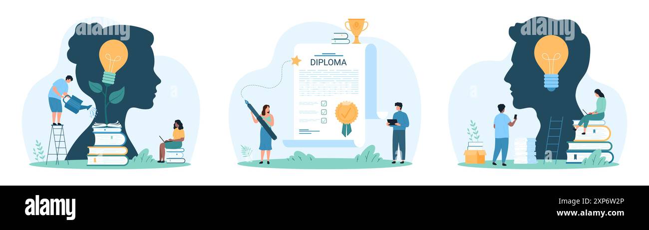 Skills training, education and diploma of graduation set. Tiny people ...