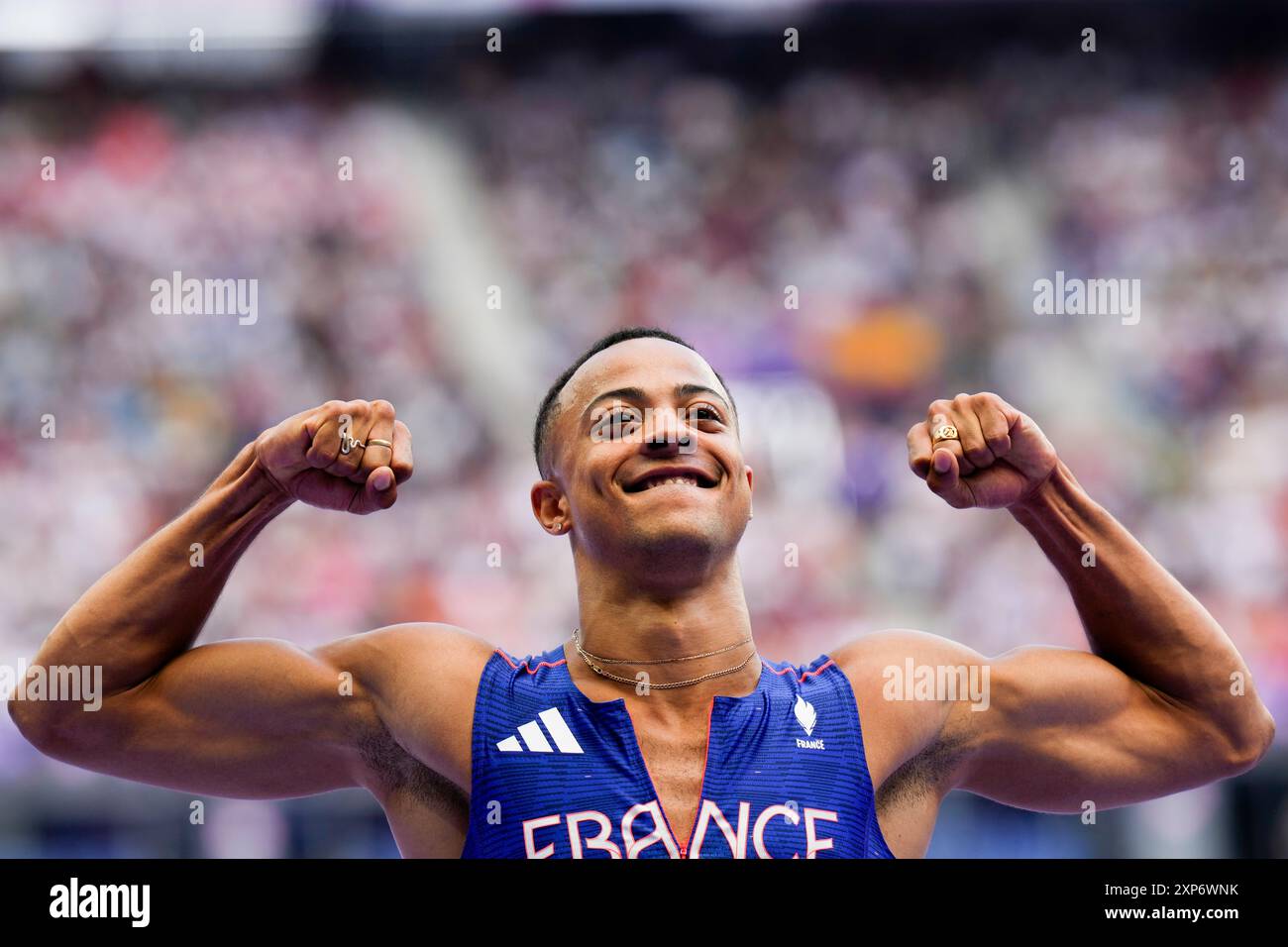 Sasha Zhoya, of France, reacts during a heat in the men's 110-meter ...