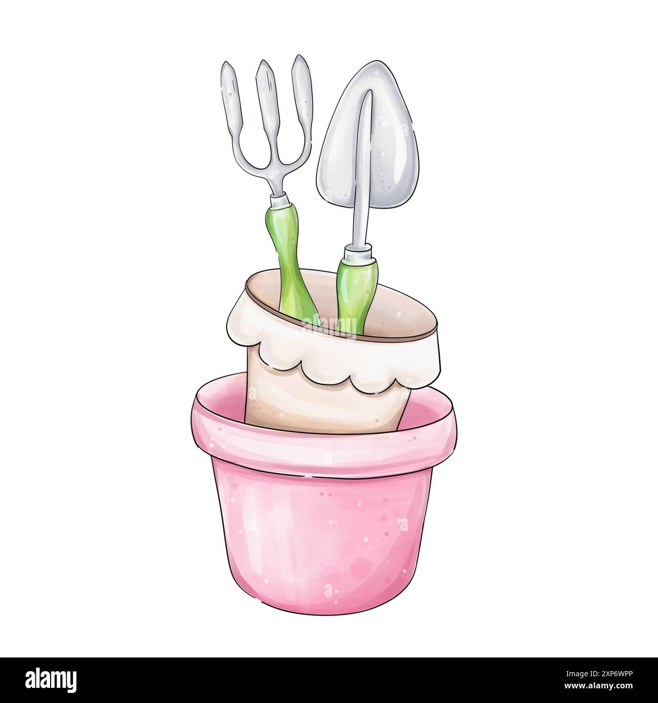 Watercolor garden tools - pots, isolated. Hand draw springtime farmer ...