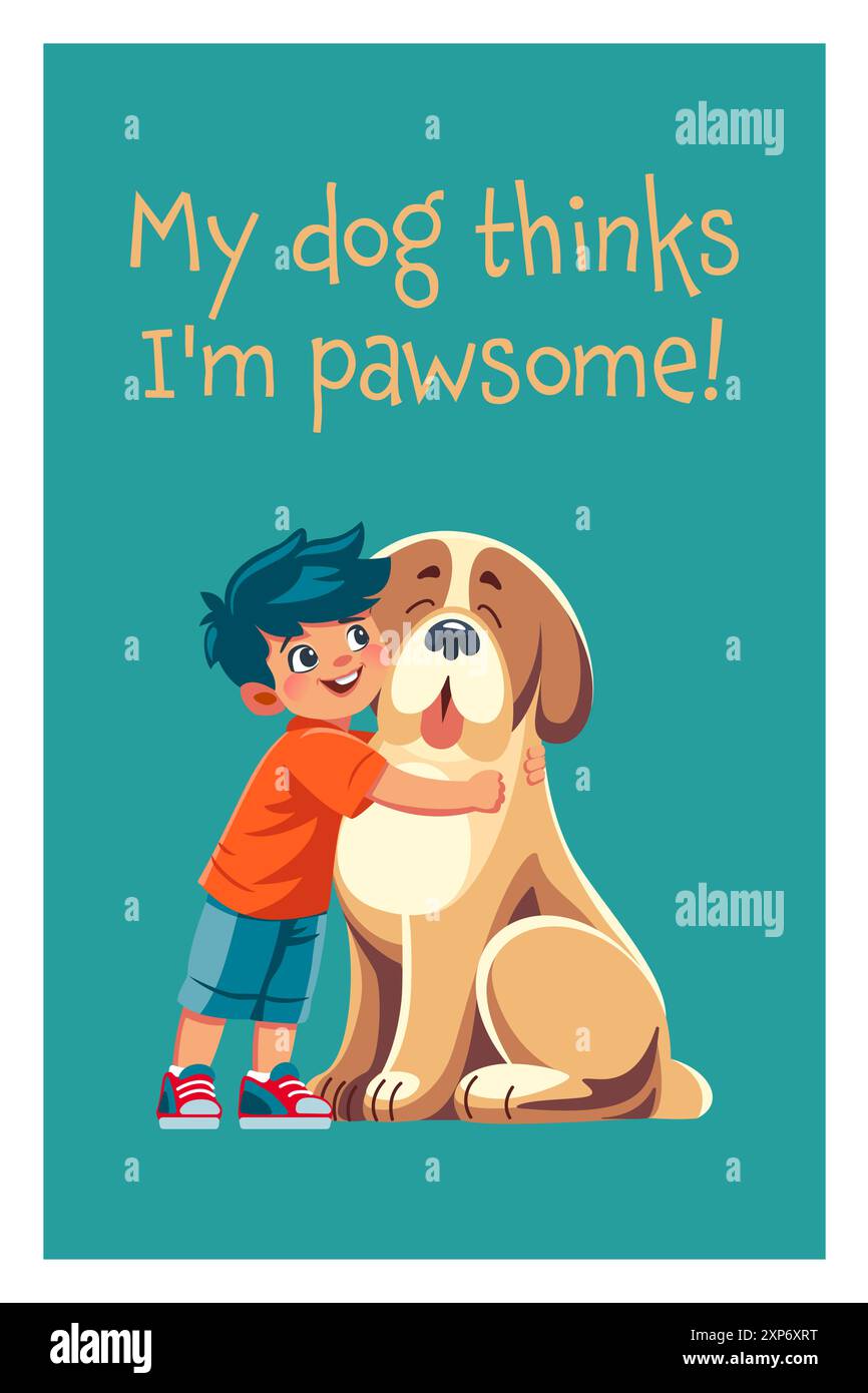 Cartoon smiling young boy with orange hair and yellow shirt hugging ...