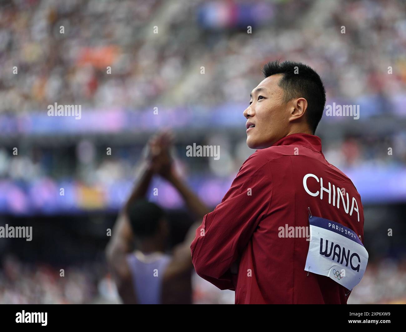 Paris, France. 4th Aug, 2024. Wang Jianan of China reacts during the men's long jump ...