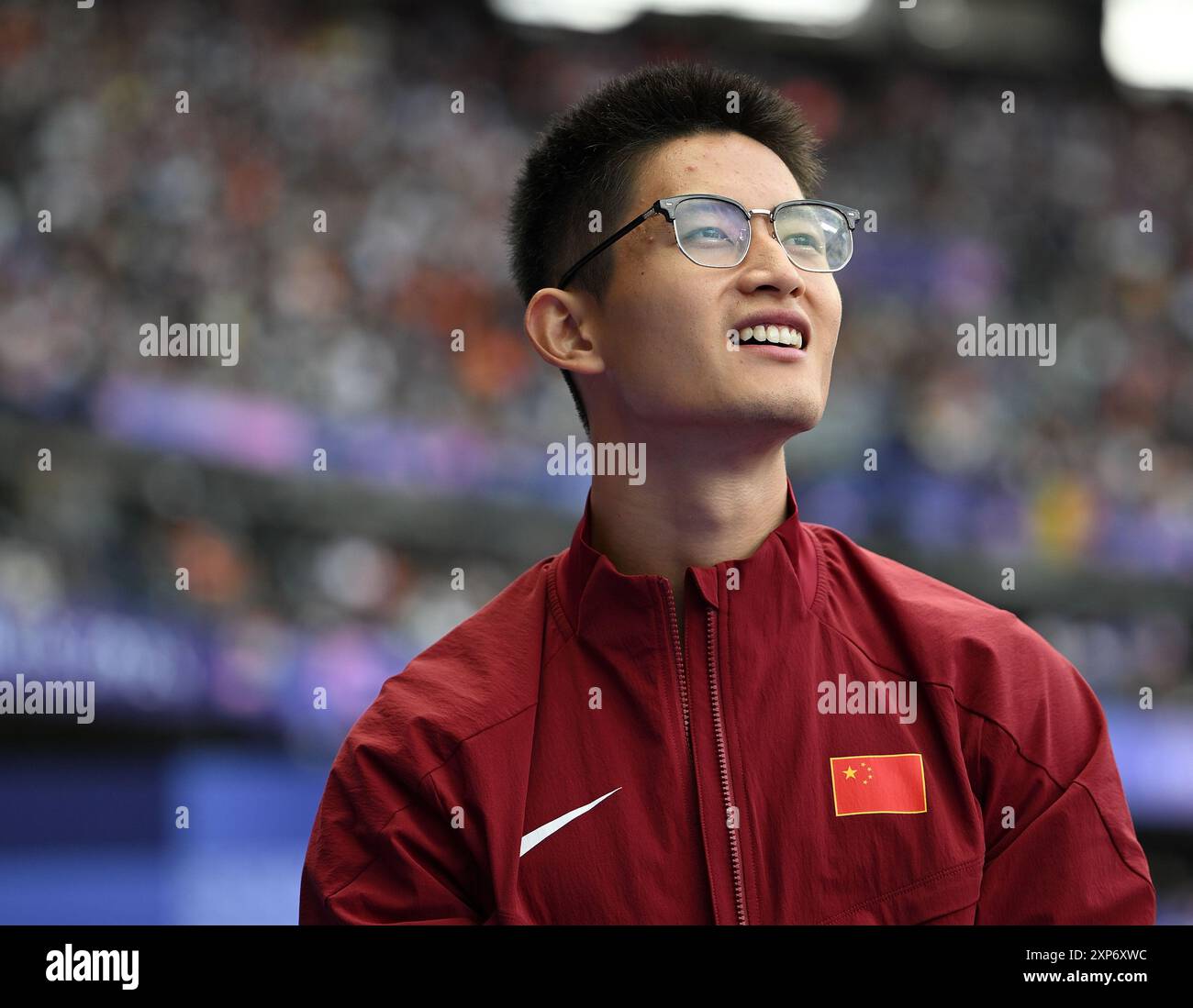 Paris, France. 4th Aug, 2024. Zhang Mingkun of China reacts during the men's long jump ...