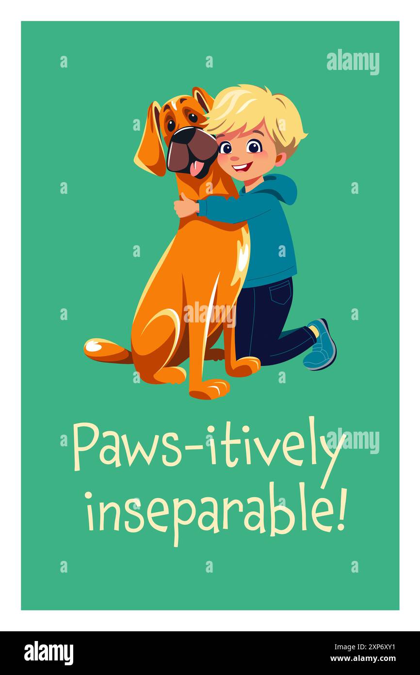 Smiling blond boy kid hugging happy big ginger dog Great Dane. Flat ...