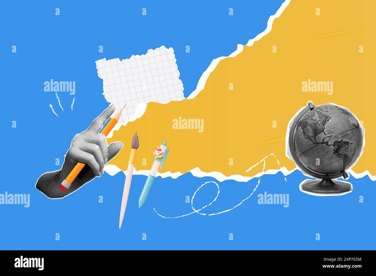 Blank poster, banner with hand and globe. Education retro halftone ...