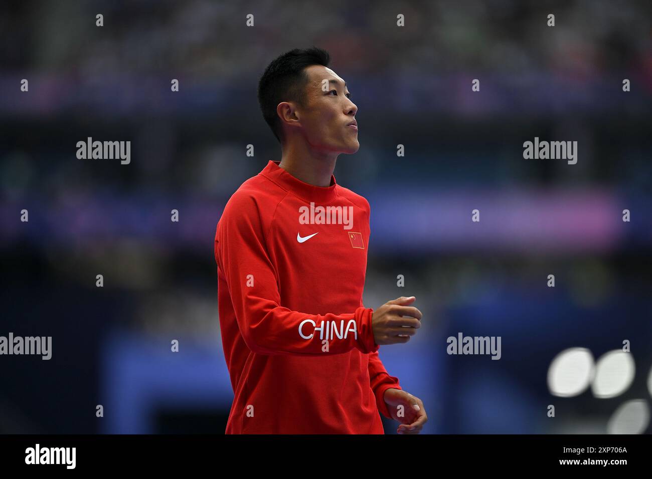 Paris, France. 4th Aug, 2024. Wang Jianan of China reacts during the men's long jump ...