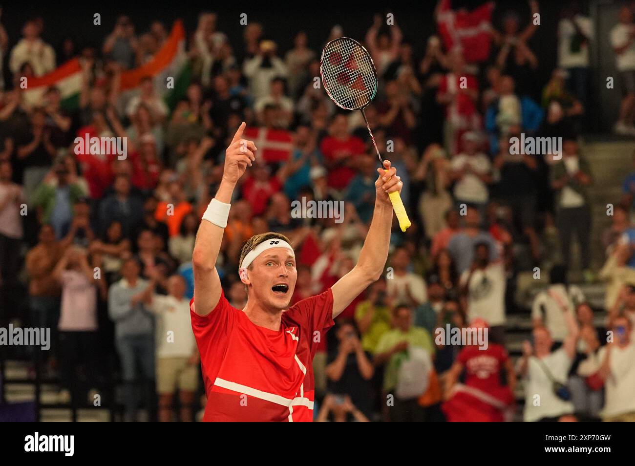 Paris, France. August 04 2024: Viktor Axelsen (Denmark) celebrate after ...