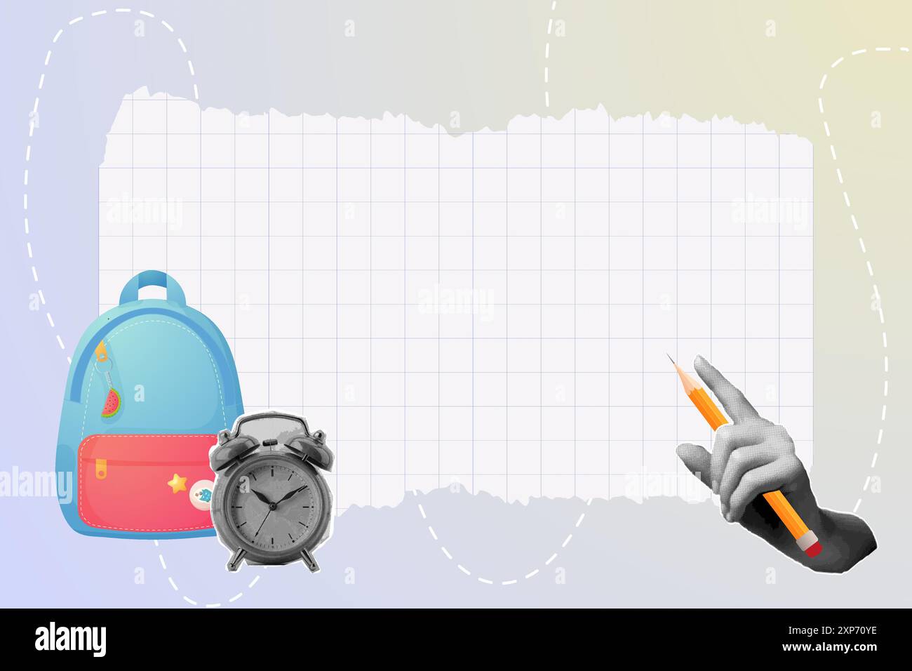 Paper banner with backpack and alarm clock school. Education retro ...