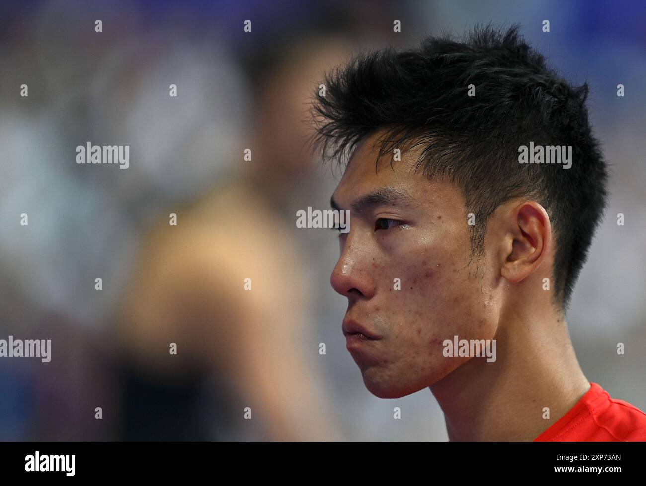 Paris, France. 4th Aug, 2024. Shi Yuhao of China reacts after the men's long jump qualification ...
