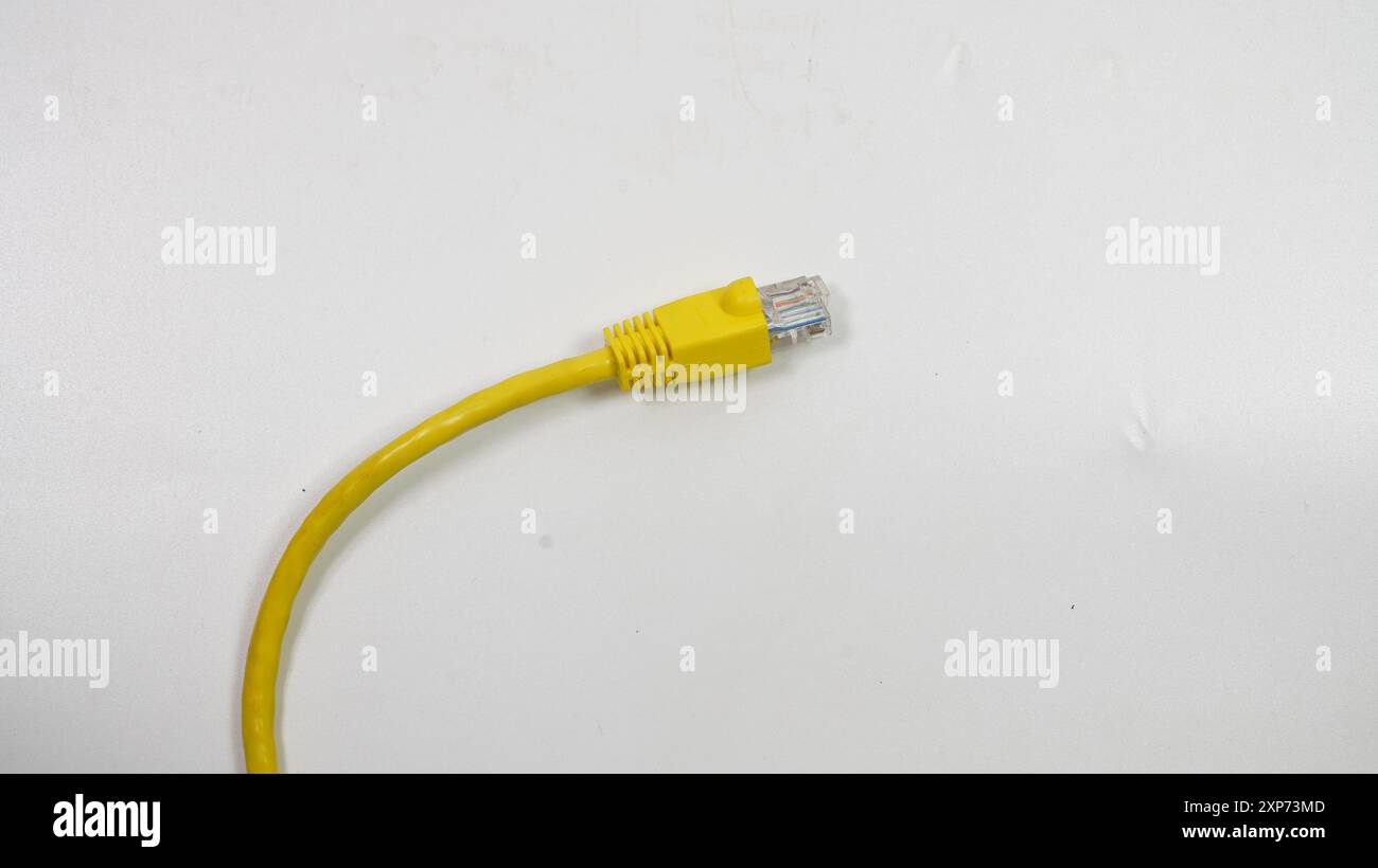 A yellow internet cables with a white background Stock Photo - Alamy