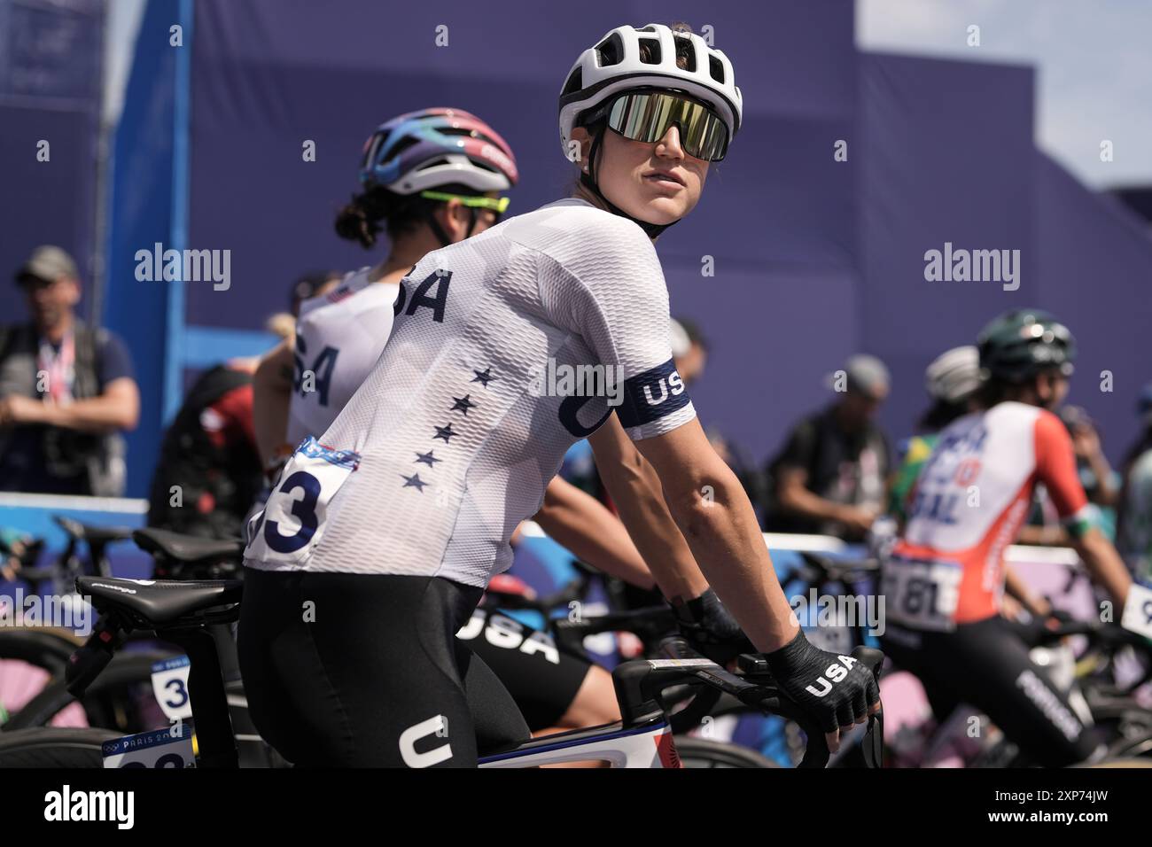 Kristen Faulkner, of the United States, prepares to start the women's ...