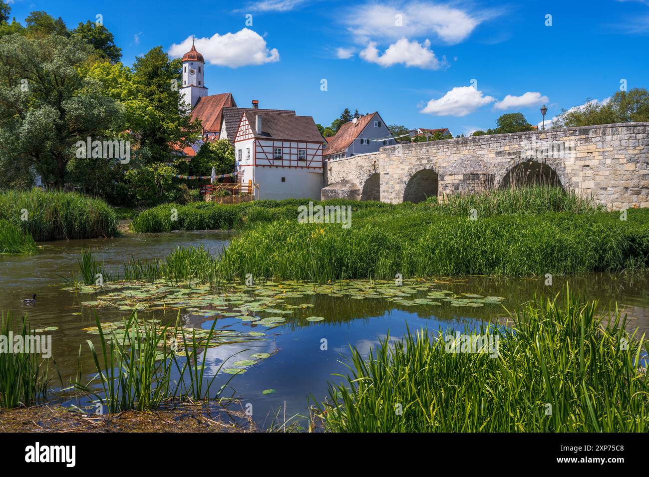 Historic bridge across the river Wörnitz at the city Harburg (Bavaria ...