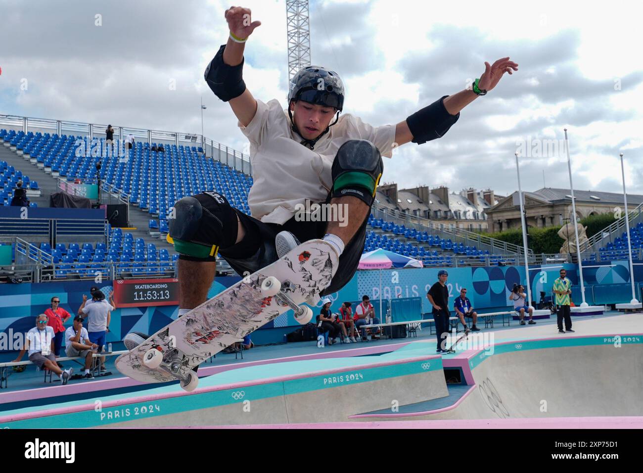 Brazil's Agusto Akio performs during the men's skateboard park practice ...