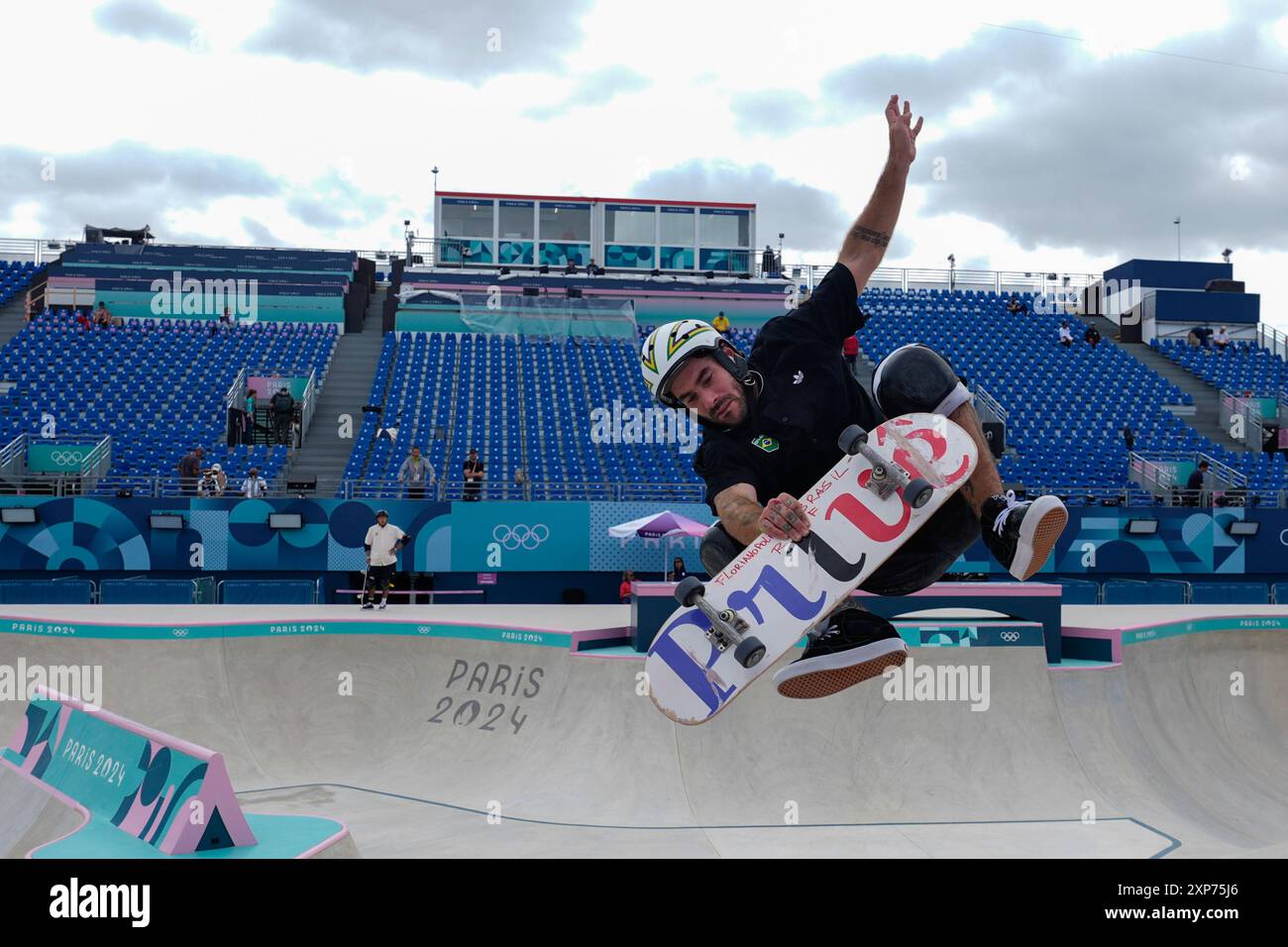 Brazil's Pedro Barros performs during the men's skateboard park practice session at the 2024 ...