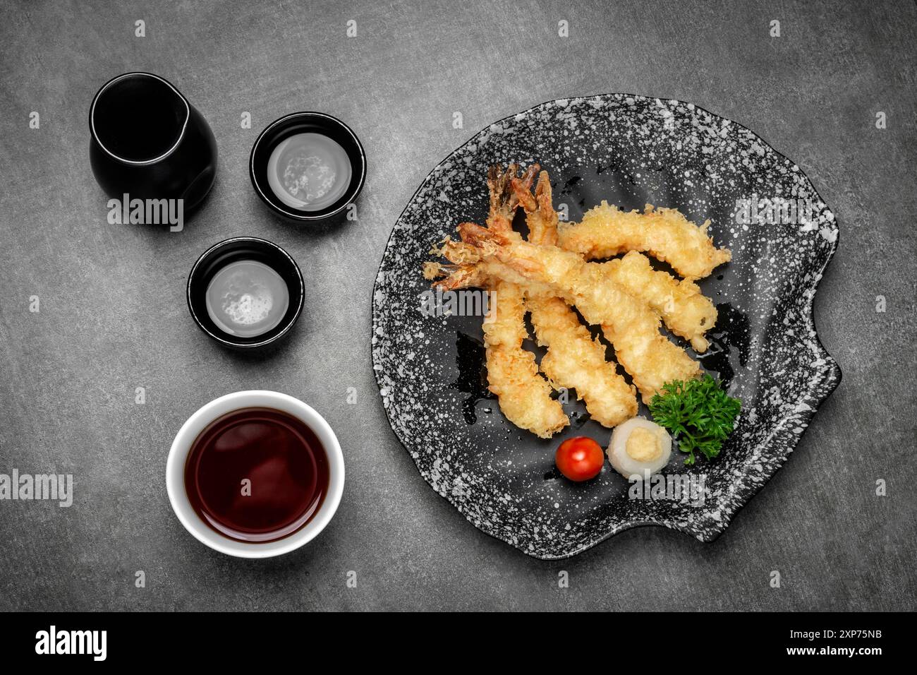 Crispy Japanese Ebiten deep fried Shrimp Tempura on grey background ...