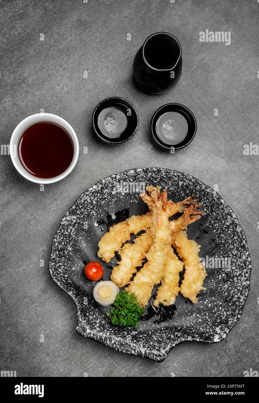 Crispy Japanese Ebiten deep fried Shrimp Tempura on grey background ...
