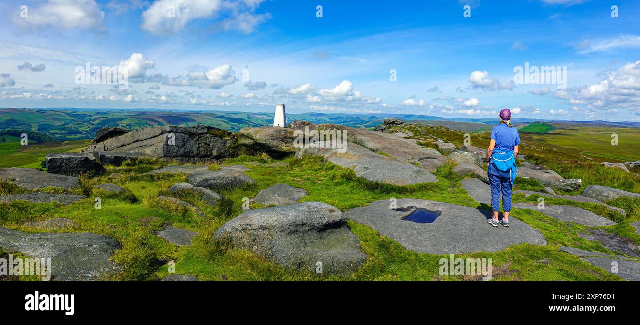 Solitary walker and Trig point at Stanage Edge, Peak District,National ...