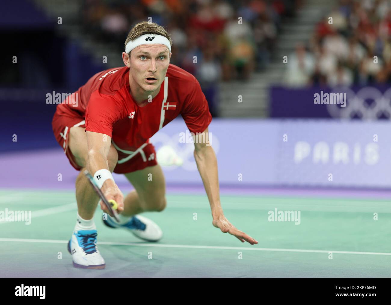 Paris, France. 4th Aug, 2024. Viktor Axelsen of Denmark competes during ...