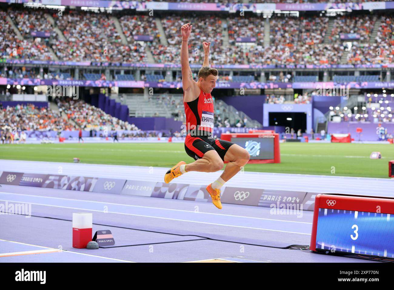 Paris, France. 04th Aug, 2024. Simon Ehammer of Switzerland jumps ...