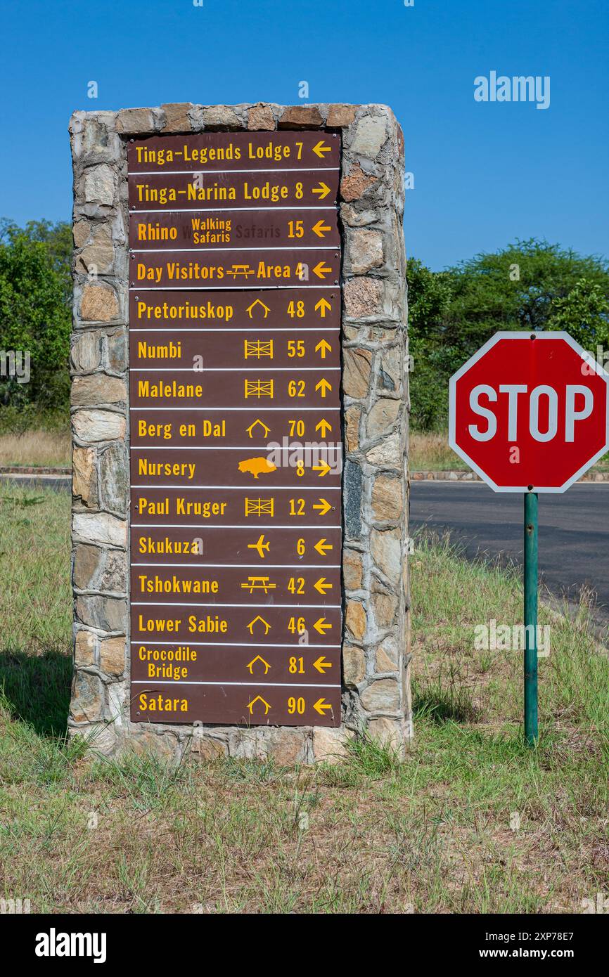 South Africa, Kruger National Park, Direction sign outside Skukuza rest ...