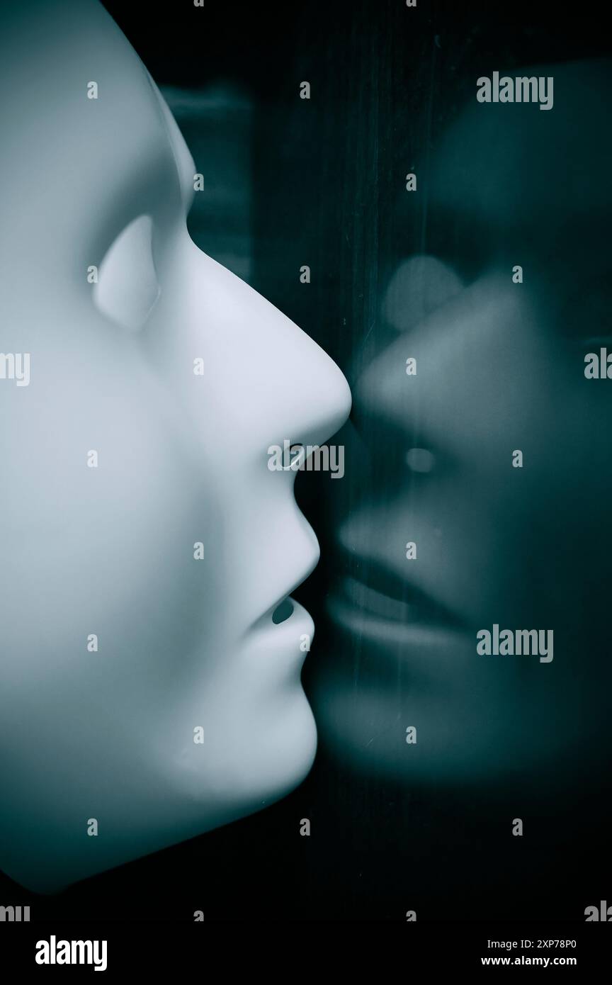 Old vintage mirror and reflection of white mask, concept picture about ...