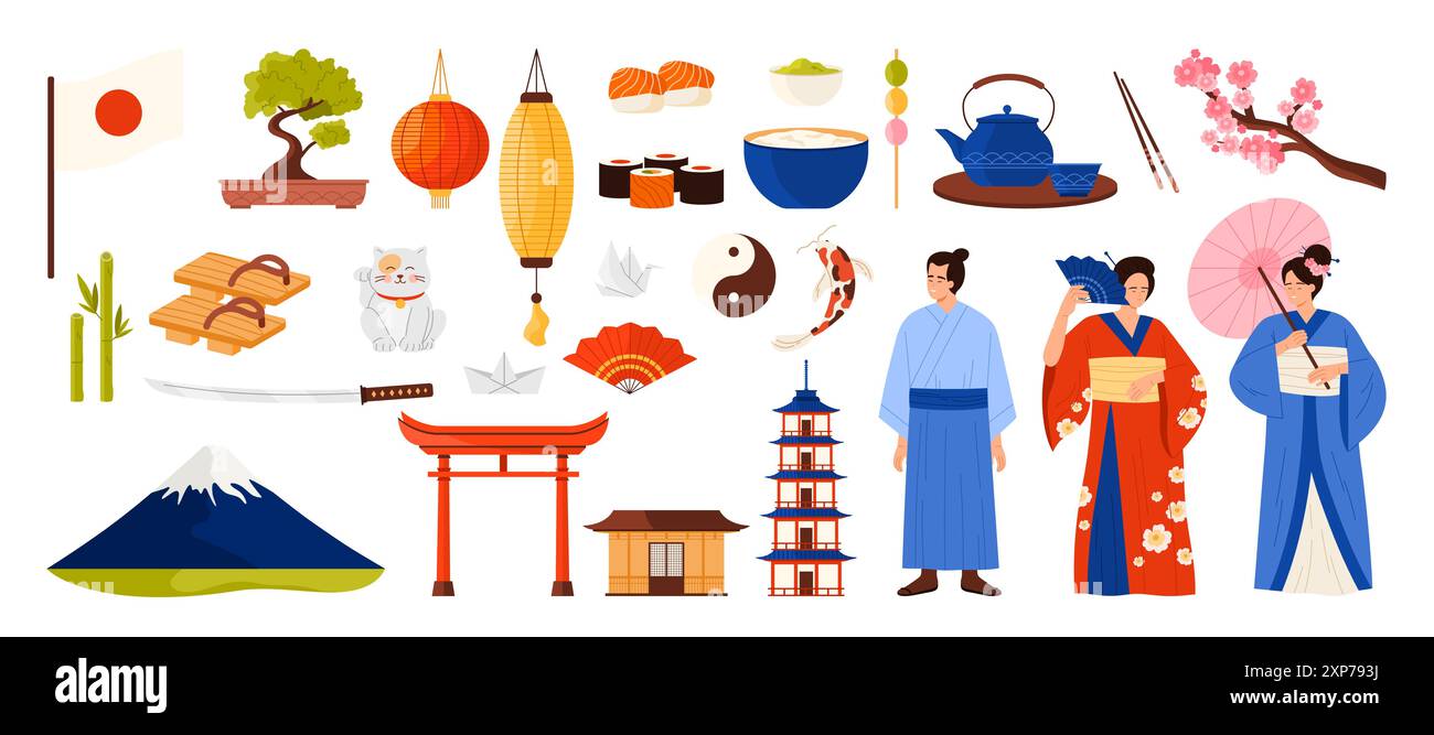Travel to Japan set. Japanese culture and decorative symbols, heritage ...