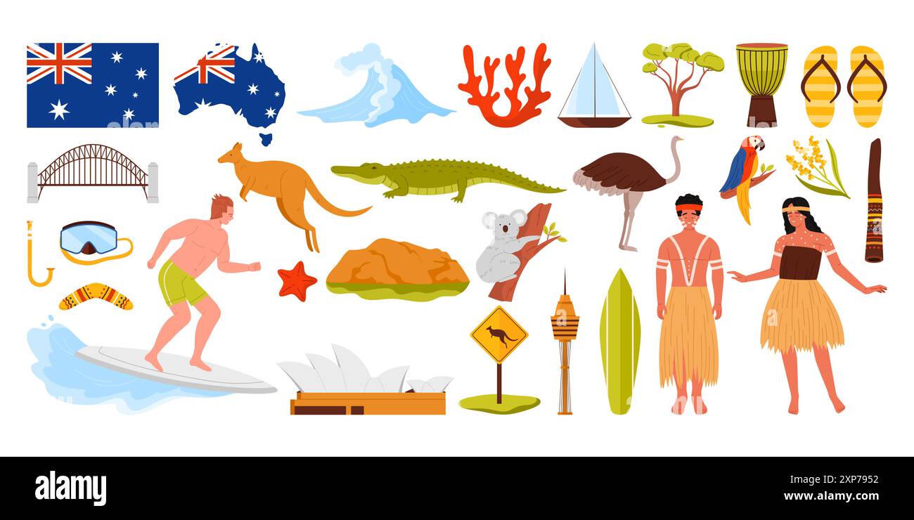 Travel to Australia, tourism set. Australian culture and famous ...