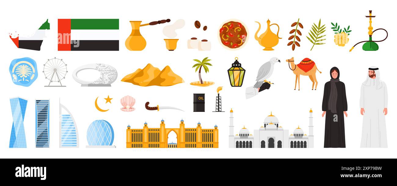 Travel to UAE, famous landmark and culture symbols, stickers set. Tower ...