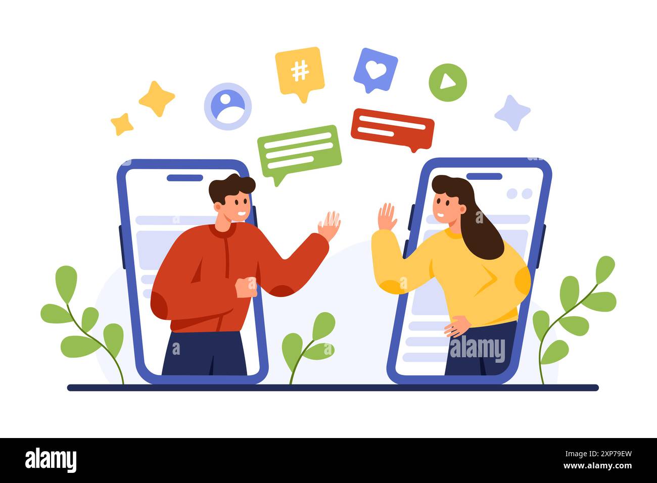 Online chat communication in social media mobile app. Two tiny people ...