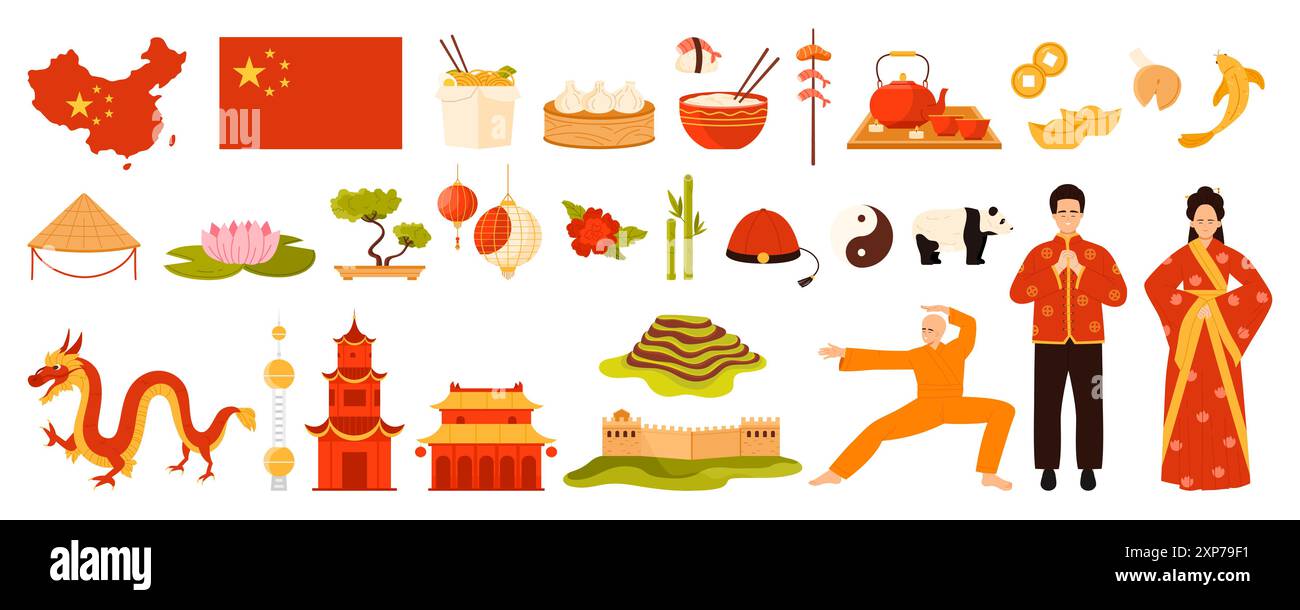 Travel to China set, country symbols and decorative emblems, famous ...